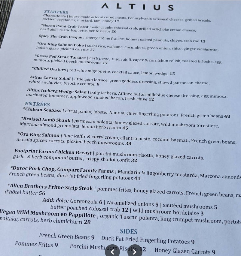 Vue 412 Restaurant Menu | Altius Pittsburgh – Fine Dining with Scenic ...